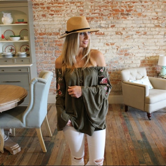 Infinity Raine | Tops | Olive Faux Suede Embroidered Off Shoulder Tunic ...